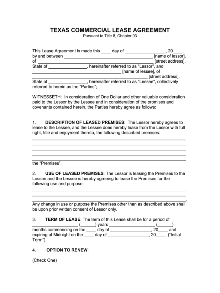 Fillable Online Texas Commercial Lease Agreement Form Docx Fax Email ...