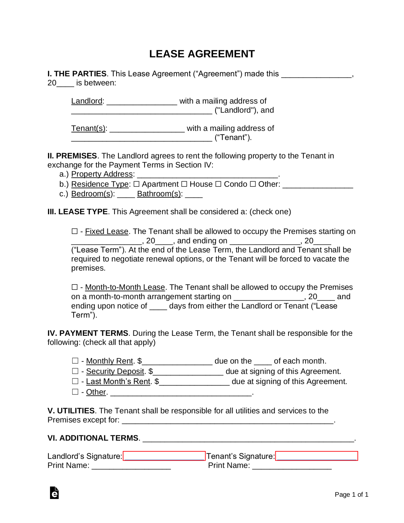 Free Simple 1 Page Lease Agreement Template Sample Word PDF EForms ...