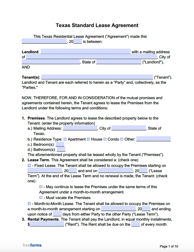 Free Texas Standard Residential Lease Agreement Template PDF WORD ...