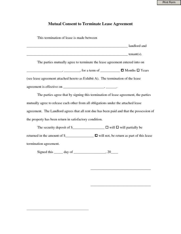 Termination Of Lease Agreement Form Free Printable Documents Rental ...